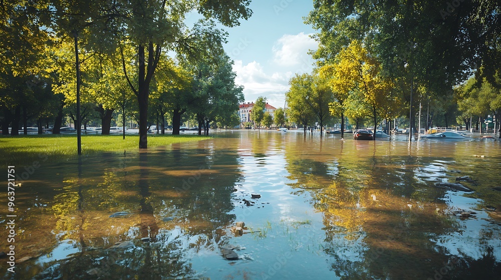 Urban flooding submerging a park and streets, illustrating the ...