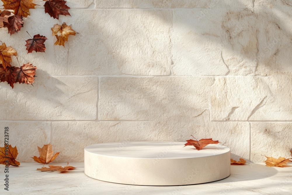 An empty podium for showcasing products is enhanced by vibrant autumn ...