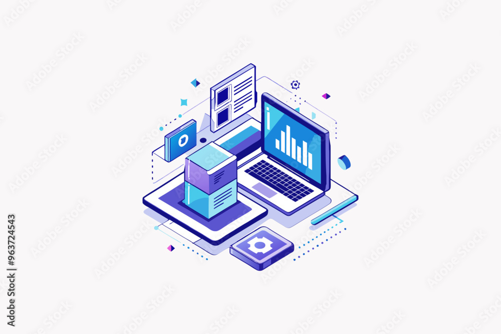 Vetor de isometric illustration of dual laptops with coding, data ...