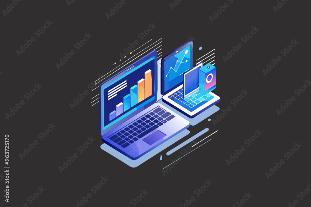 isometric illustration of dual laptops with coding, data analytics, and ...