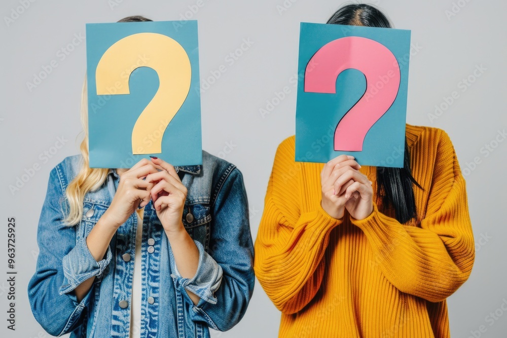 Two women holding up signs with question marks, a symbol of inquiry and ...