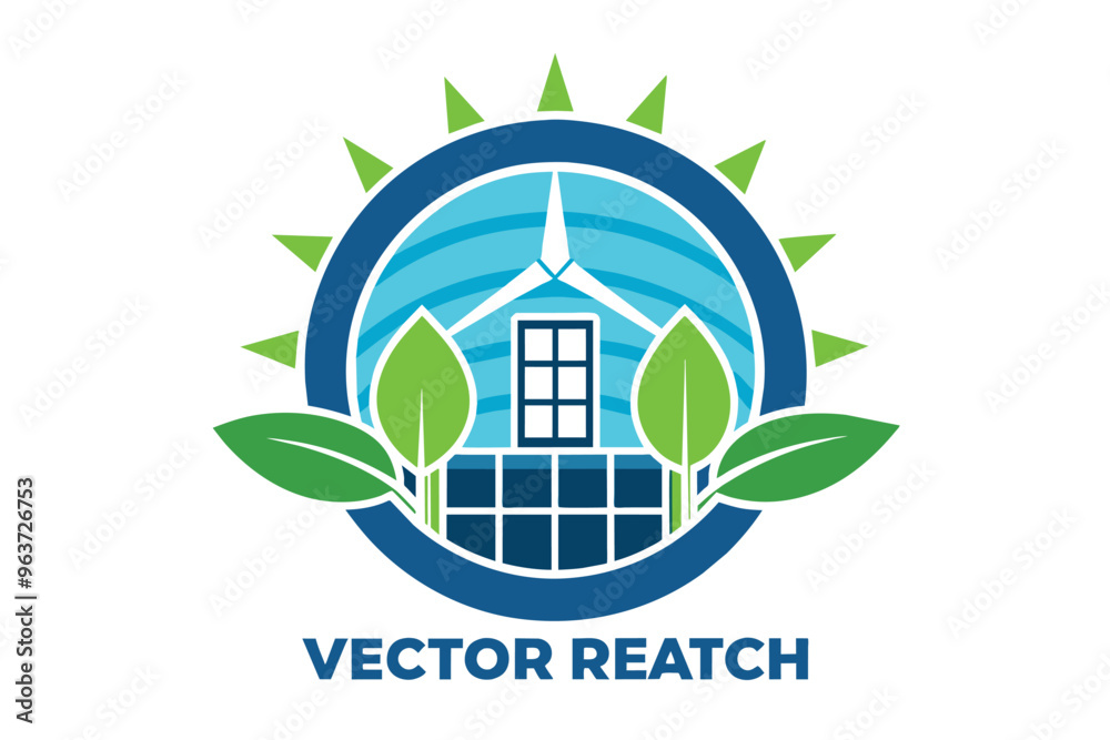 A modern logo representing sustainable energy with a house, wind ...