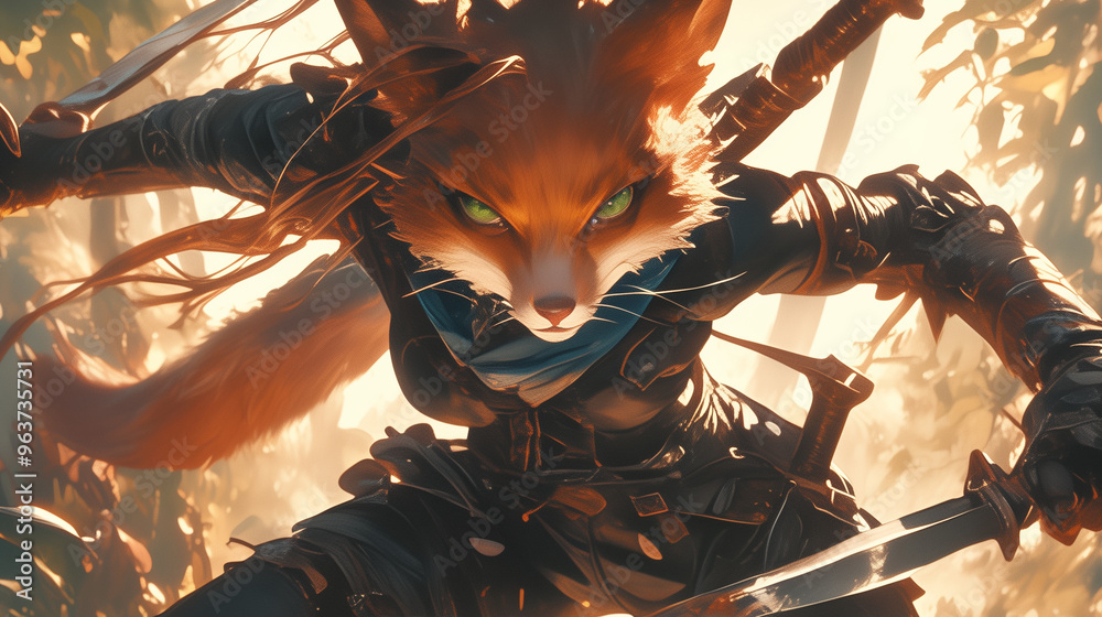 fox beastfolk rogue with glowing eyes standing confidently in a snowy ...