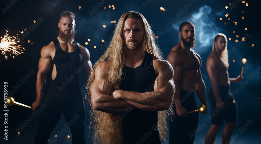 Four muscular men stand dramatically, with the central figure in a ...