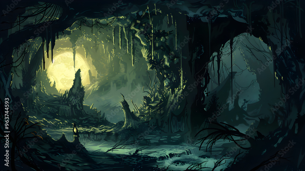 Dark cave filled with eerie creatures lurking in shadows, waiting to ...