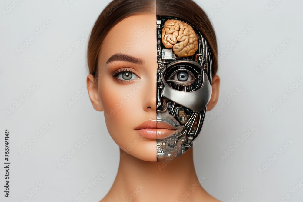 Cognitive abilities Brain chip Half human half cyborg face showcasing a ...