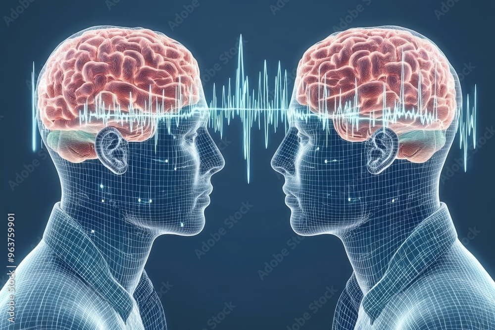 Synaptic network Memory center Two glowing brains connected by electric waves symbolizing ...