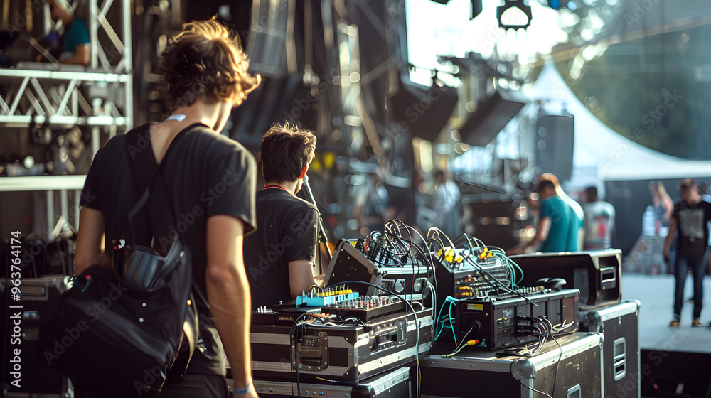 Stage crew members are arranging and setting up microphones for a ...