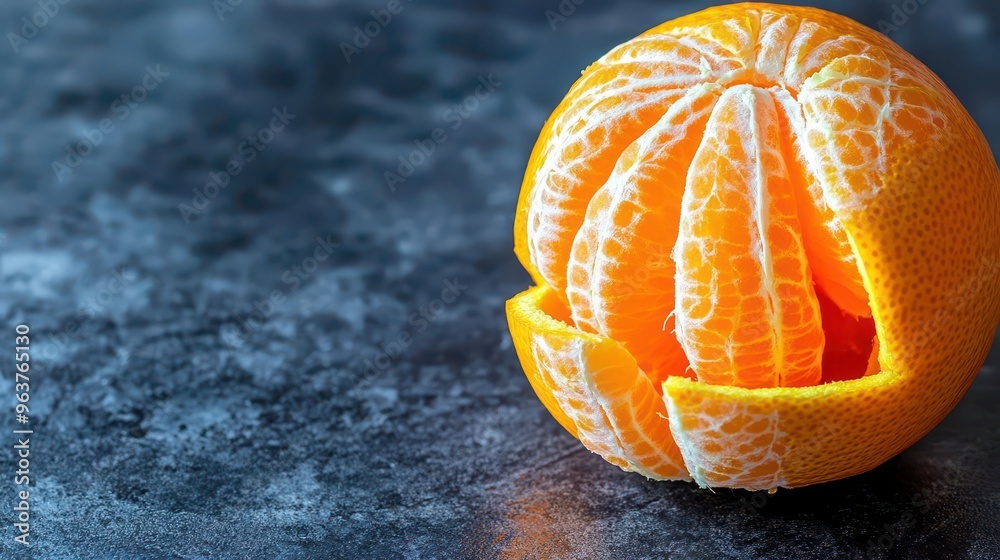Peeling an orange, with its rich color and texture, revealing the juicy ...