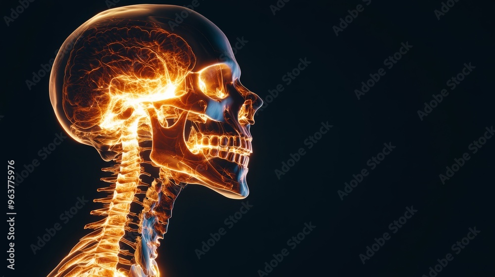 3D rendering of a human skull and brain anatomy, showcasing a side view ...