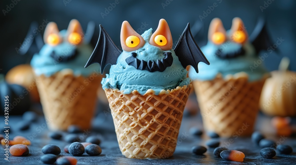 Ice cream cones with bat wings, glowing candy eyes, and spooky toppings ...