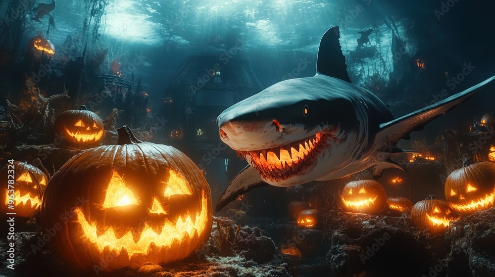 Sharks dressed in spooky costumes, swimming through a haunted ...