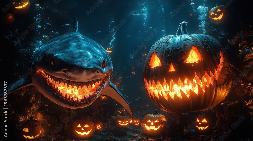 Sharks dressed in spooky costumes, swimming through a haunted ...