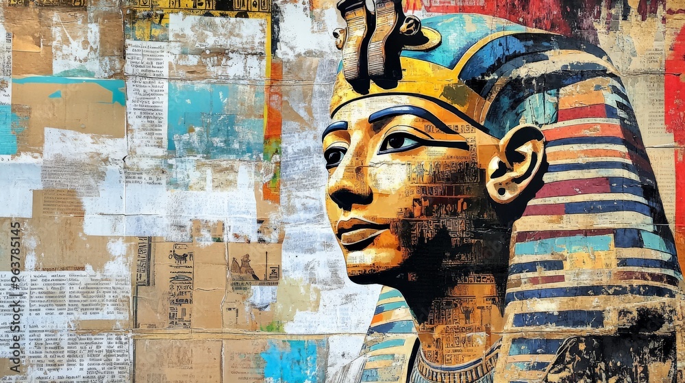 Colorful street art depiction of an ancient Egyptian pharaoh on a ...