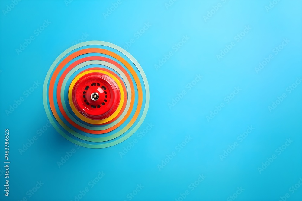 Red fire alarm bell. Fire alarm detector on blue background with copy ...