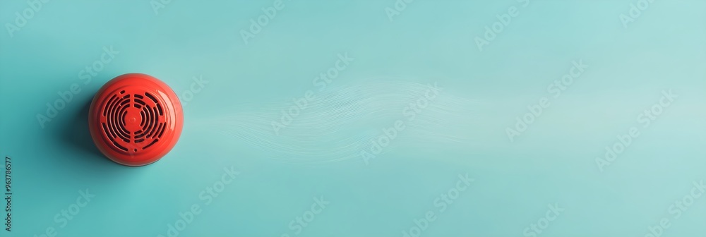 Red fire alarm bell. Fire alarm detector on blue background with copy ...