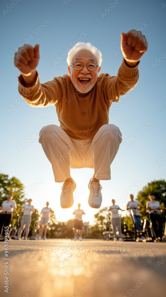 Energetic senior Asian man leaps with joy during outdoor group exercise ...