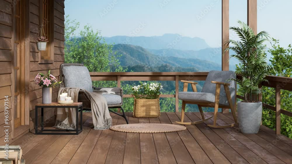 Relaxing balcony of a wooden house with mountain 3d animation render ...
