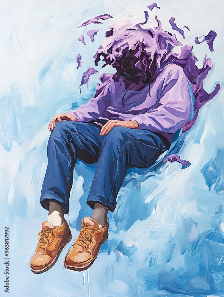 Surreal painting of a person sitting with a purple melting head. Features a blend of abstract ...