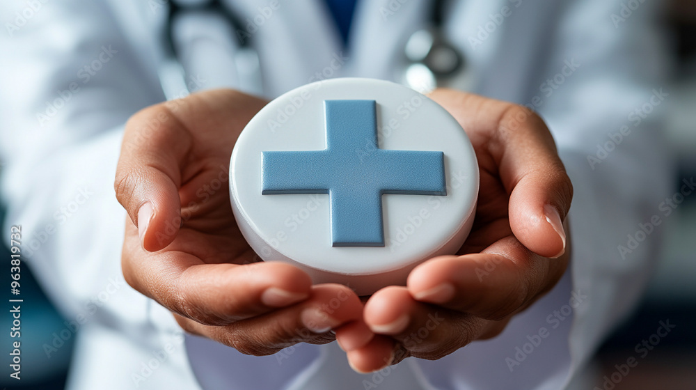 hand holding a glowing plus sign, symbolizing health and wellbeing. The ...