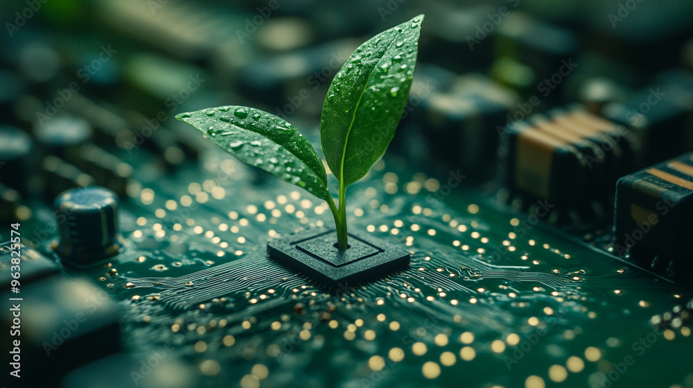 young green plant sprouts from a circuit board, symbolizing the fusion ...