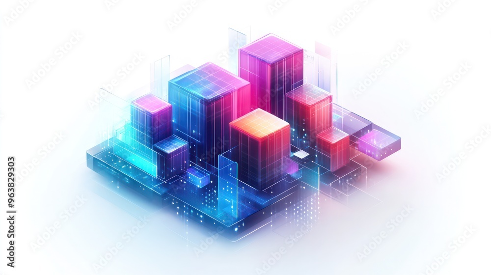 A colorful cityscape made of cubes. The cubes are arranged in a way ...