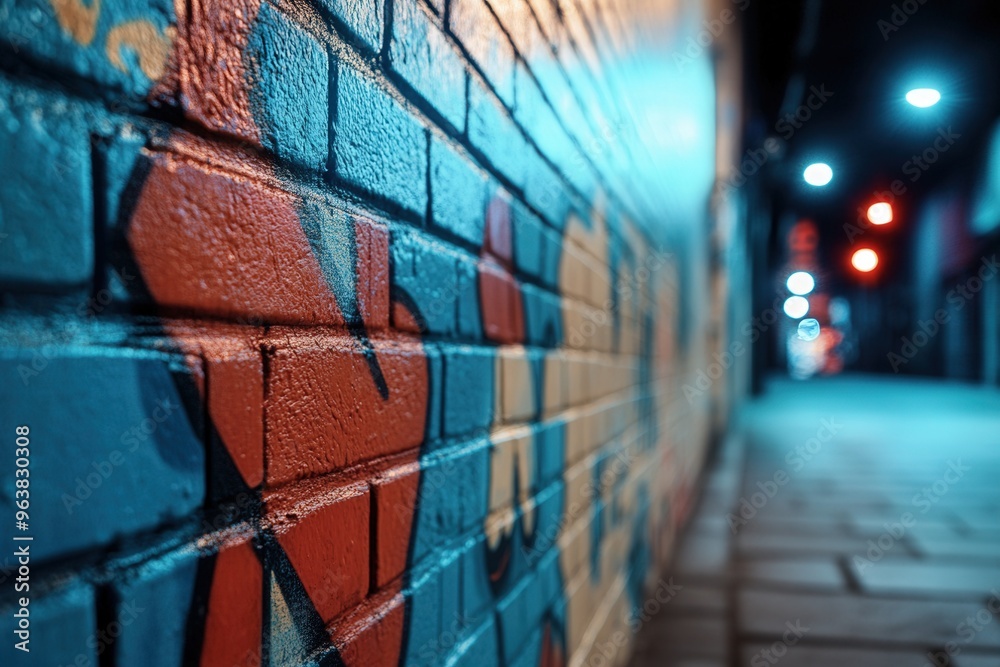 Vibrant street art on a brick wall at night, captured in an urban ...