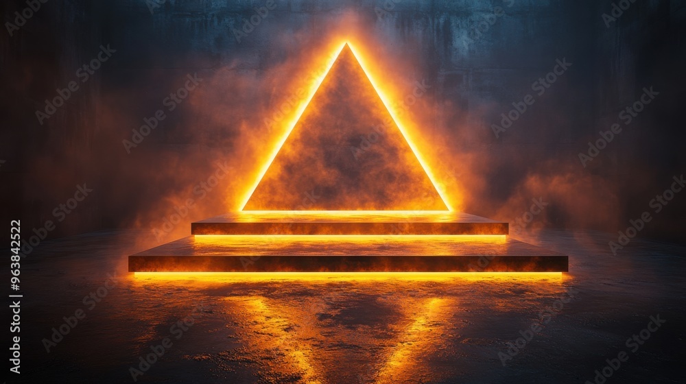 3d animation triangle of light appears in the dark room with steps ...