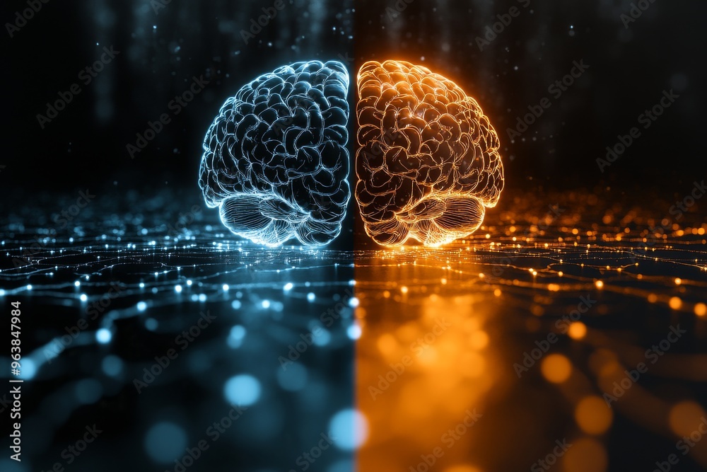 Voltage gated channels resting potential and synaptogenesis dual brain structure with blue and ...