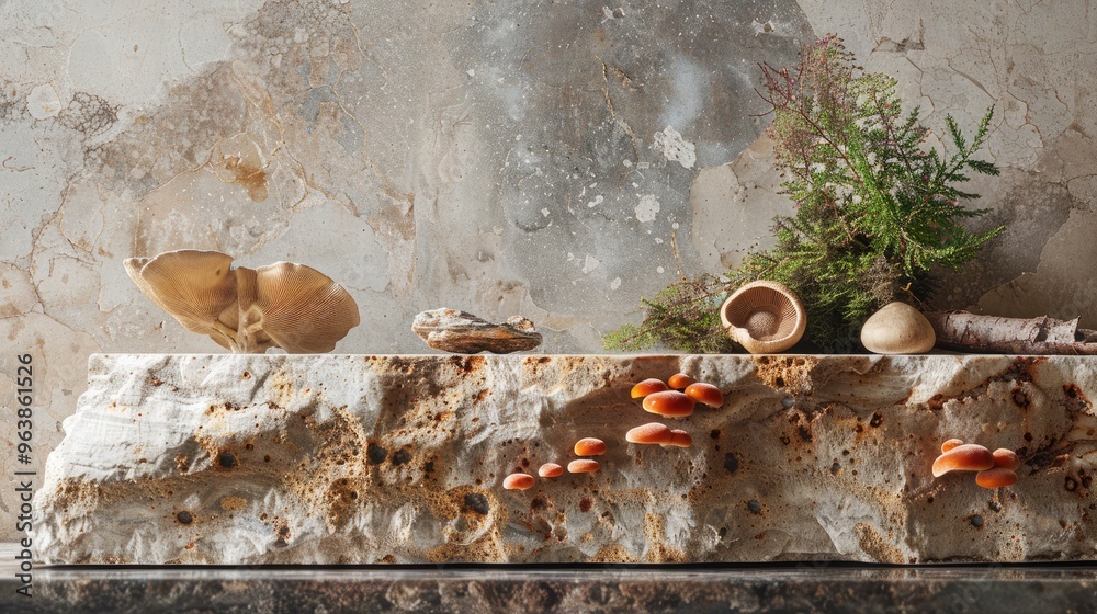 Product display with detailed natural stone ledge showing fungi ...