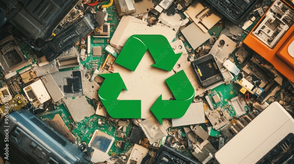 Computer parts and a recycle symbol, promoting the importance of e ...