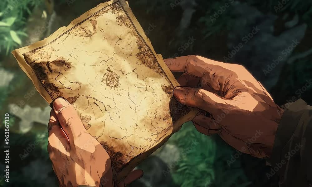 Animated Hands Examining Ancient Map in Dense Forest - 4K Video Stock ...