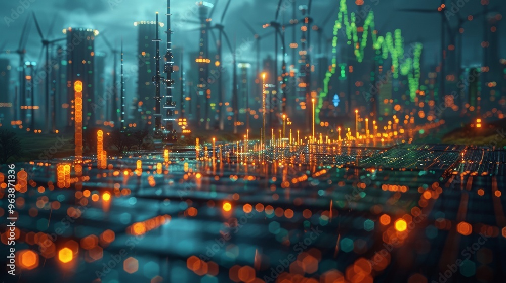 Stock market graphs and economic data visualized with icons of solar ...