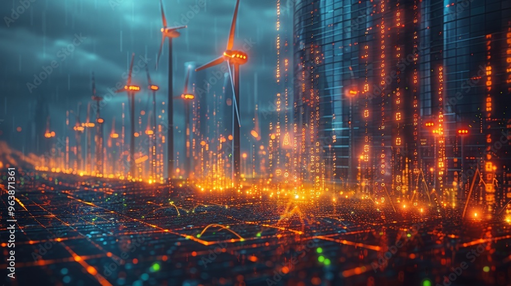 Stock market graphs and economic data visualized with icons of solar ...