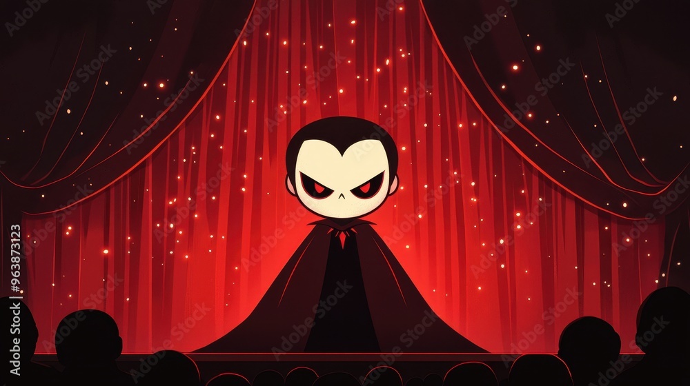 Cartoon Vampire Performing on Stage with Red Curtains and Spotlights ...