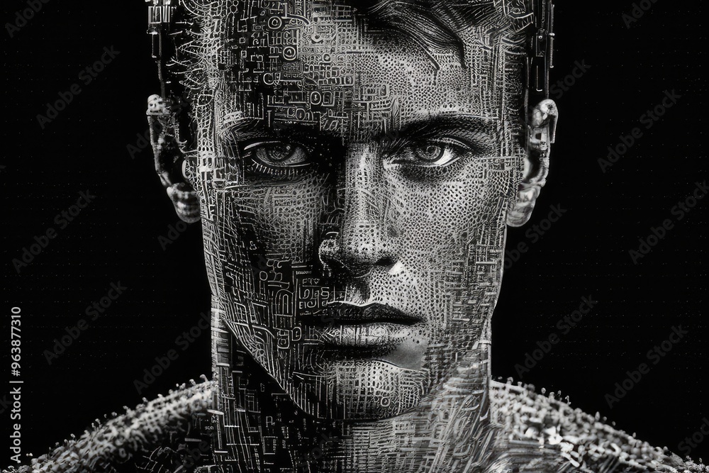 Digital portrait of a person with pixelated texture on a green ...