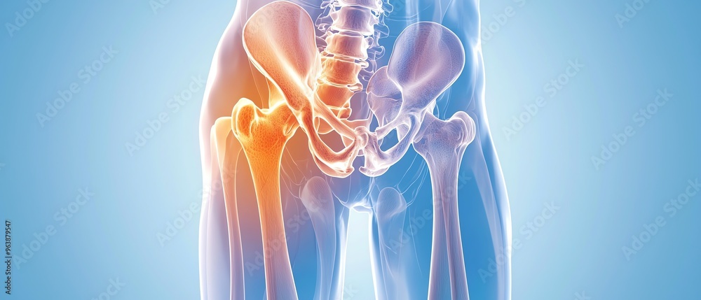 Human skeletal structure highlighting the pelvis and hip joint ...