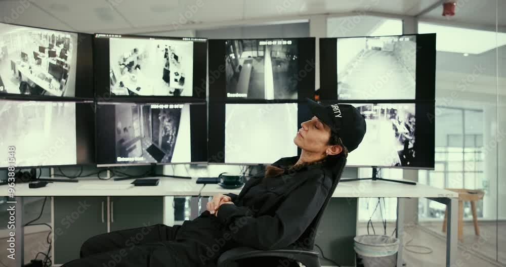 Tired, surveillance and security guard with woman in office for ...