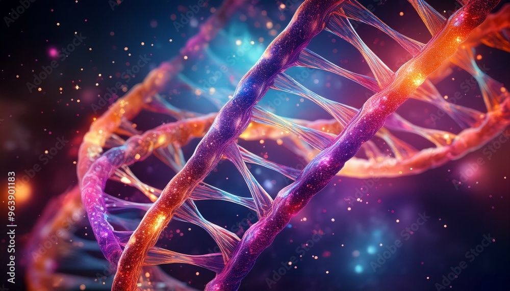 colorful double helix structure of DNA, with shades of pink, purple ...