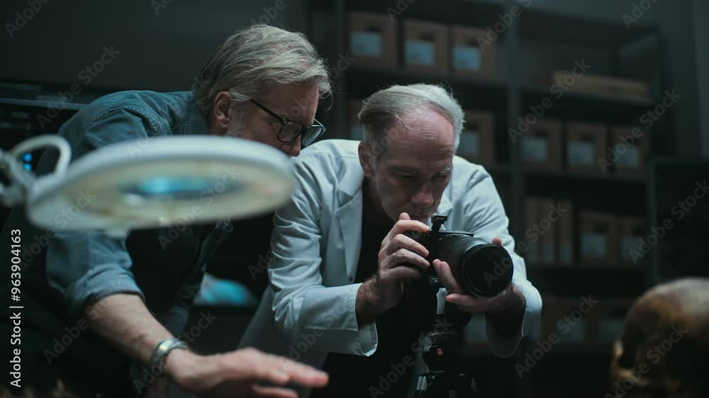 Two archaeologists talk and take photos of fossil remains of ...