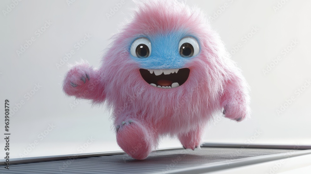 3d colorful hairy beast yeti runs on treadmill furry monster cartoon ...