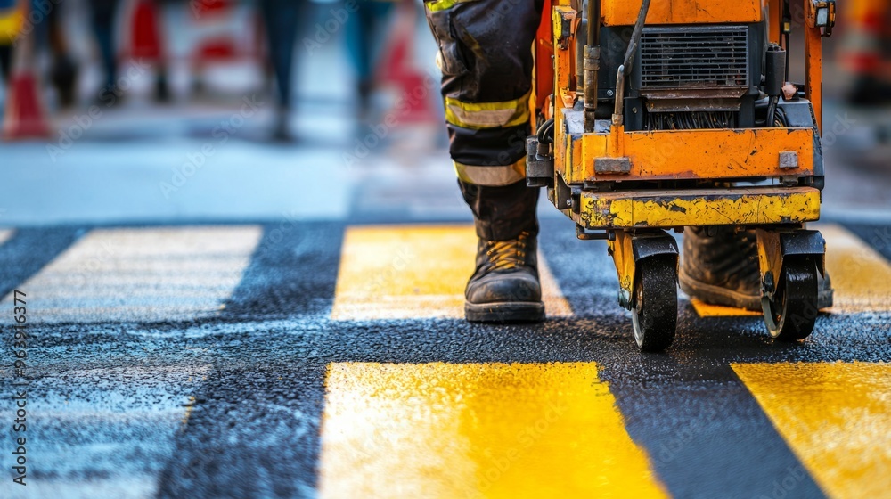 Process of making new road surface markings with line striping machine ...