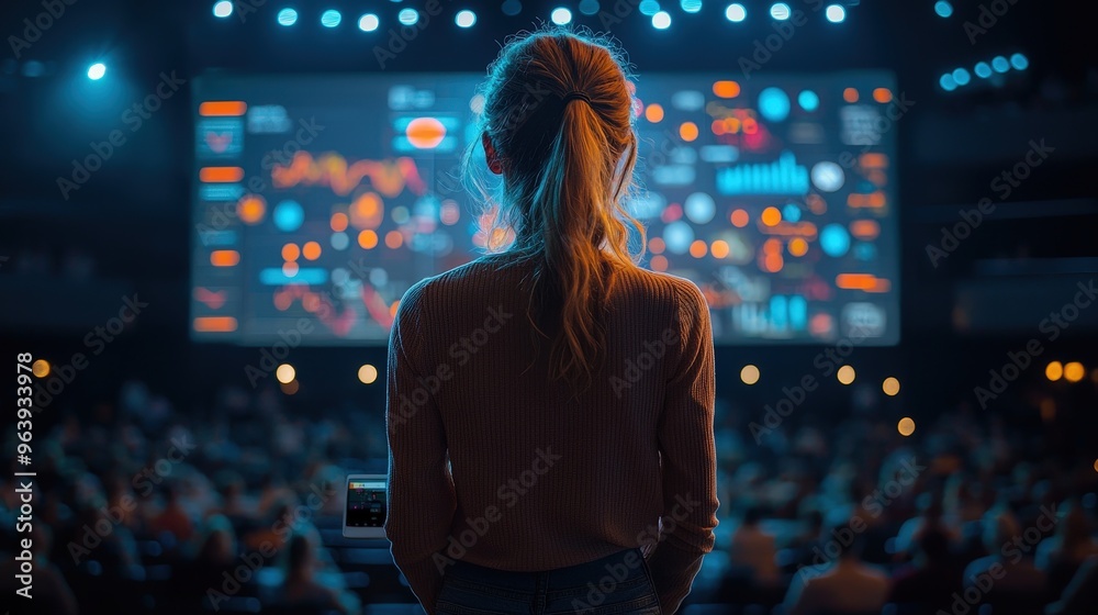 Confident Woman Speaker Showcases Innovative Technology, Using Remote ...