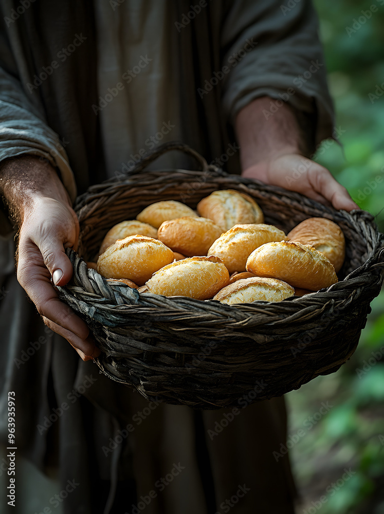 “Hyper-Realistic Image of Jesus’ Hands Holding a Basket of Bread and ...
