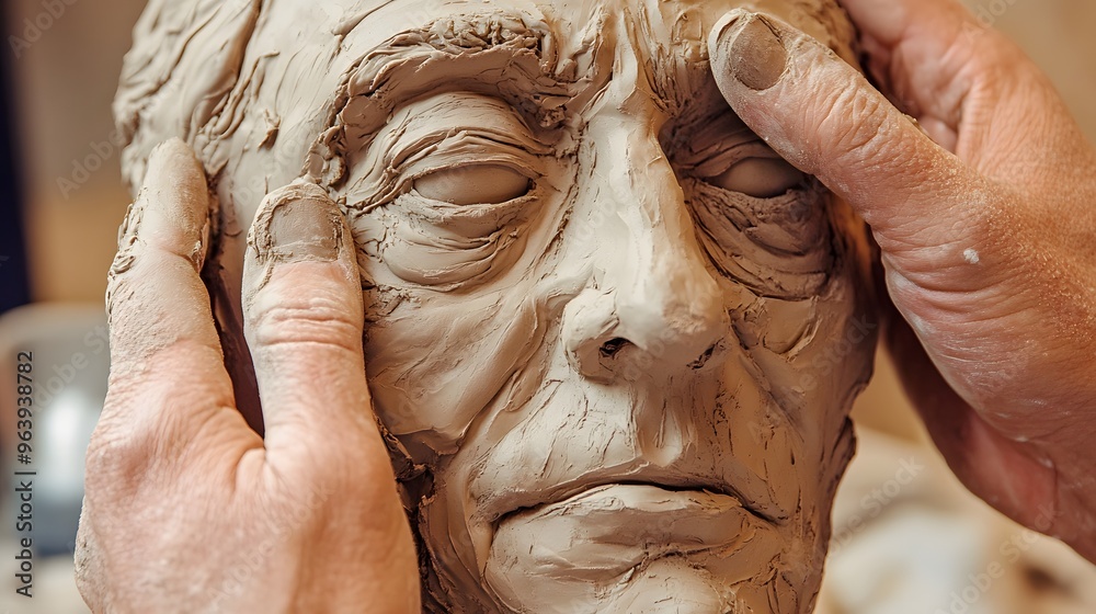 Sculpting a Clay Face: Hands carefully shaping the features of a clay ...