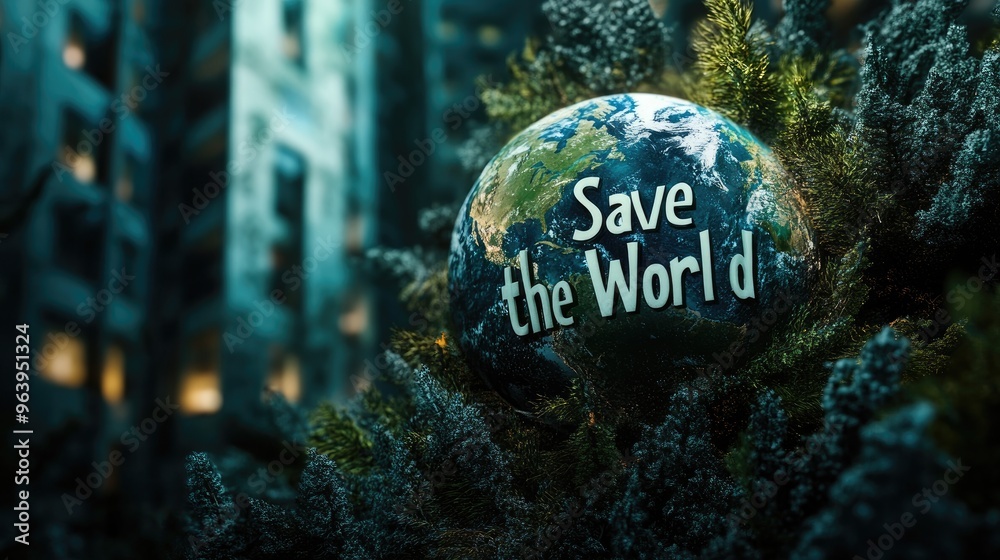 Futuristic 3D Earth model with a "Save the World" message, showcasing ...