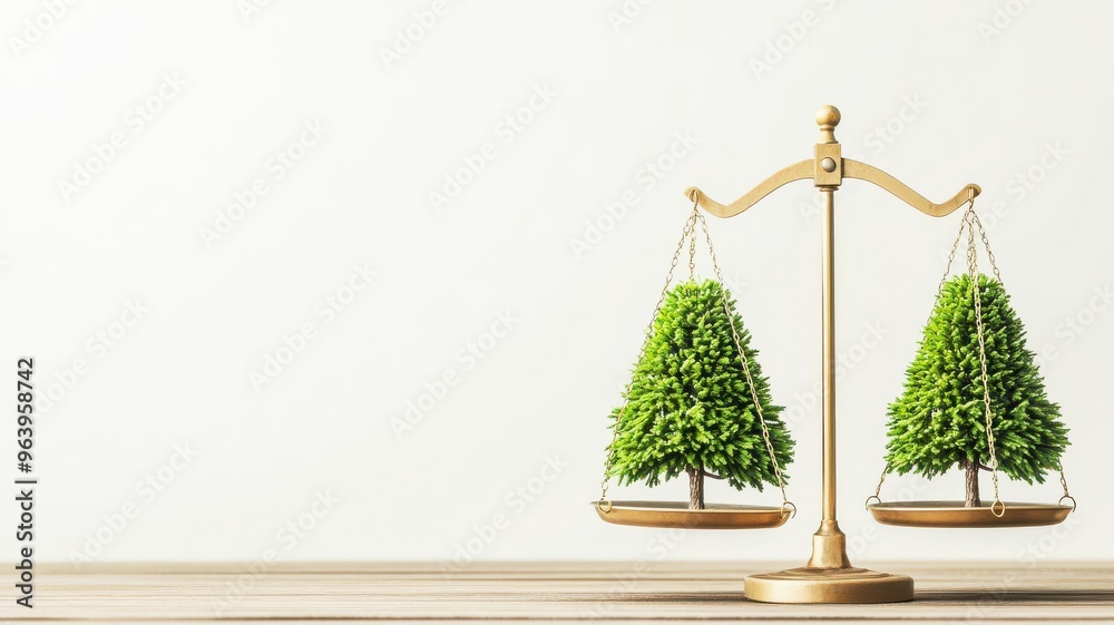 Legal scales with trees in one tray and legal documents in the other ...