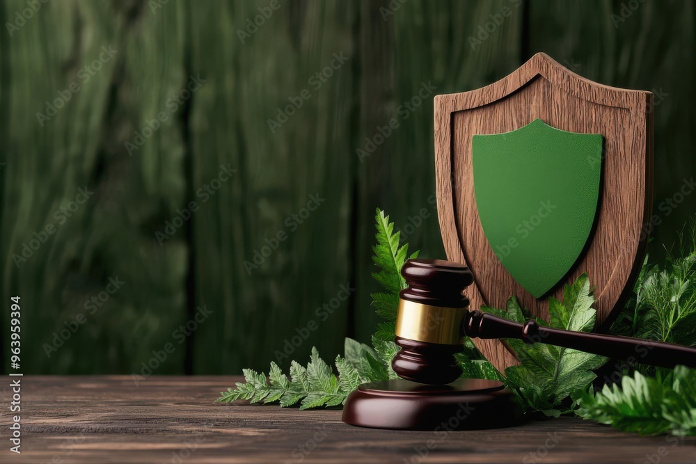 Green shield and gavel icon overlaid on a dense forest, symbolizing ...