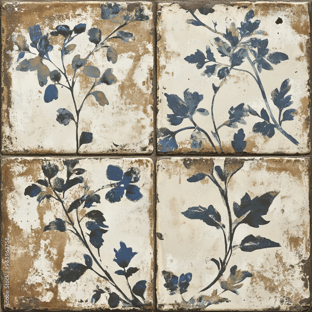 Vintage tile design featuring worn, faded colors and floral patterns ...