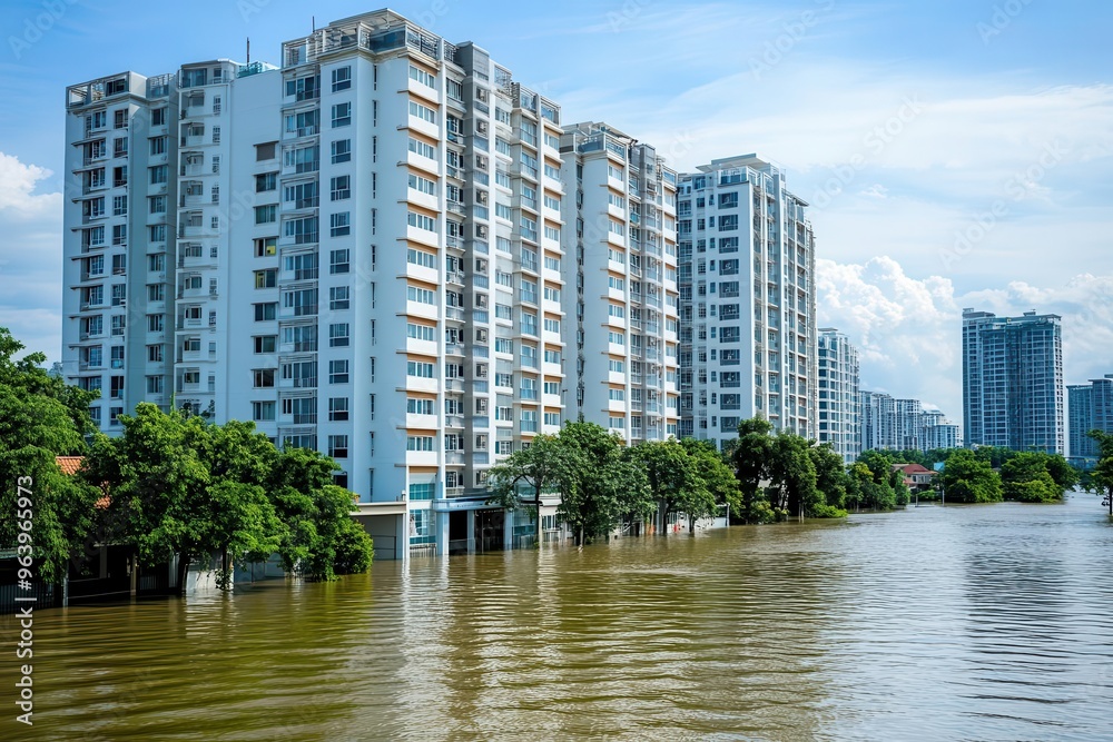 High-rise apartment buildings partially submerged in floodwaters after ...